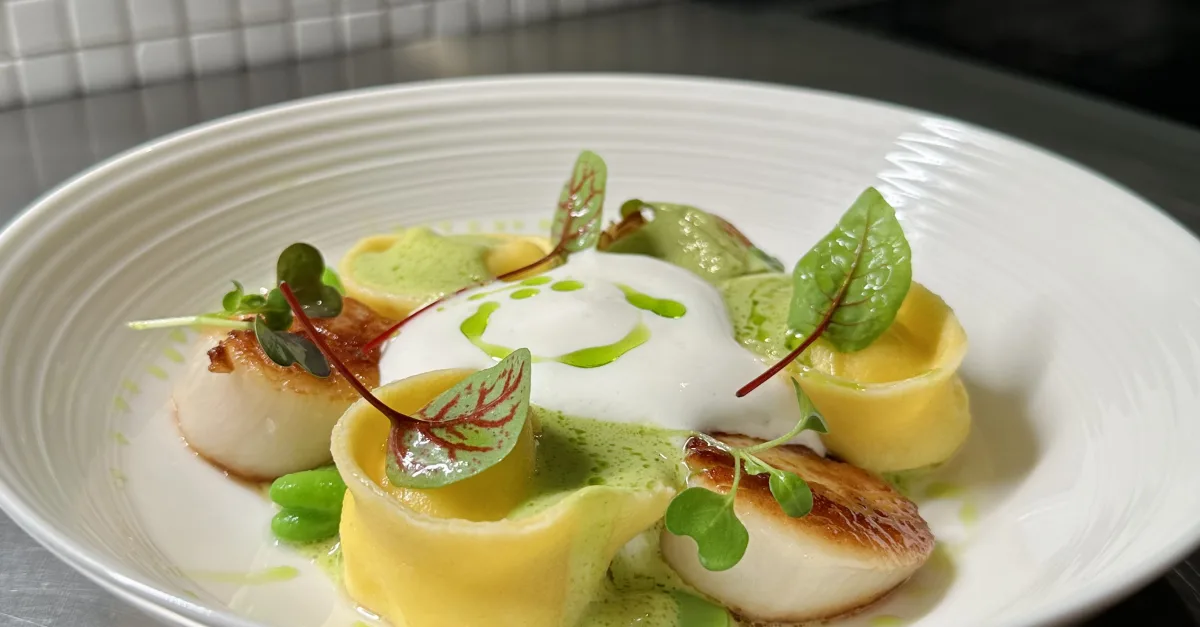 Ricotta Tortellini, Seared Scallops, & Basil Cream Emulsion with Basil ...