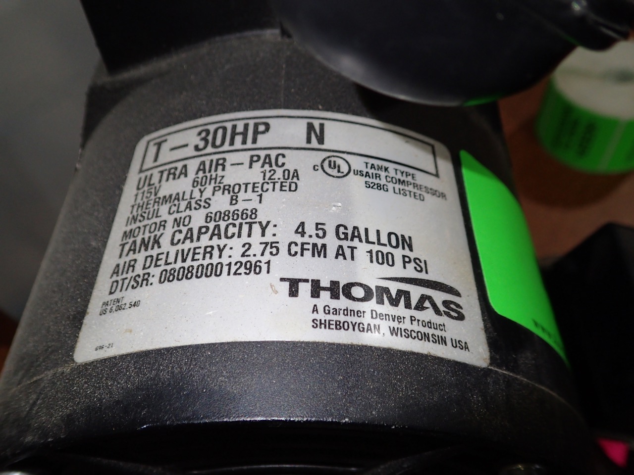 Thomas Ultra Air Pac T-30HP N Pancake Air Compressor 4.5 Gallon ...