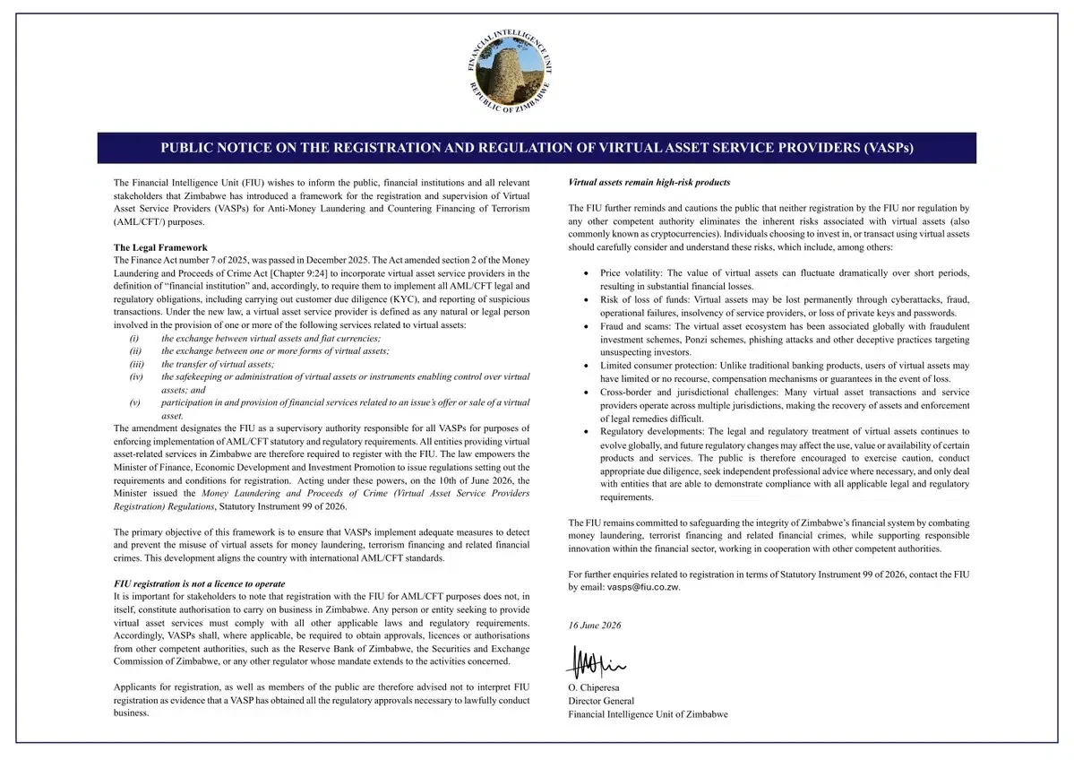 Crypto Regulation In Zimbabwe Goes Live With Mandatory FIU
