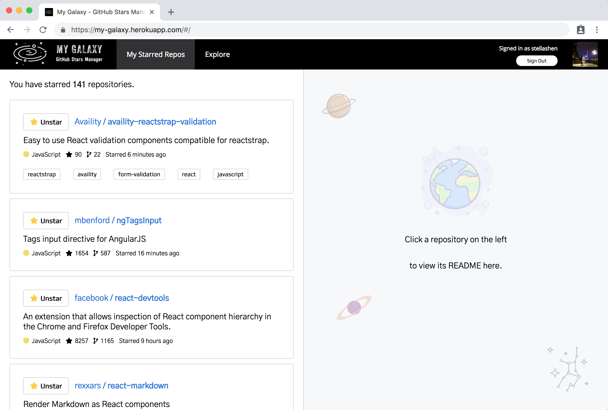 GitHub - stellashen/my-galaxy: :milky_way: GitHub stars manager using React, Redux, GraphQL ...