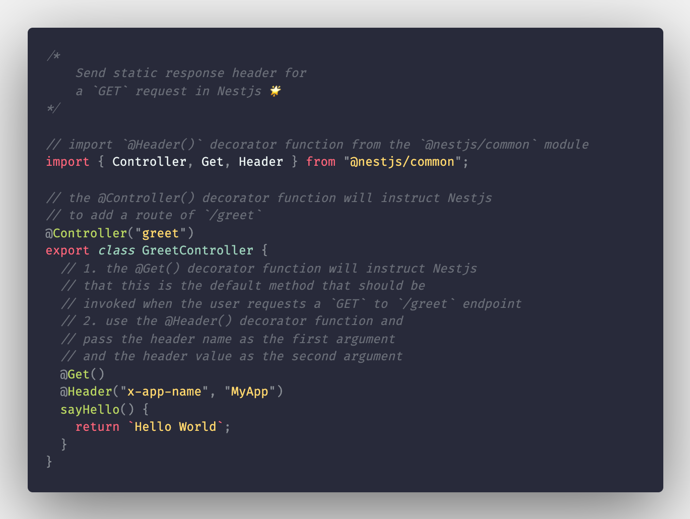 How to set or send a static response header for a GET request in Nestjs? | MELVIN GEORGE