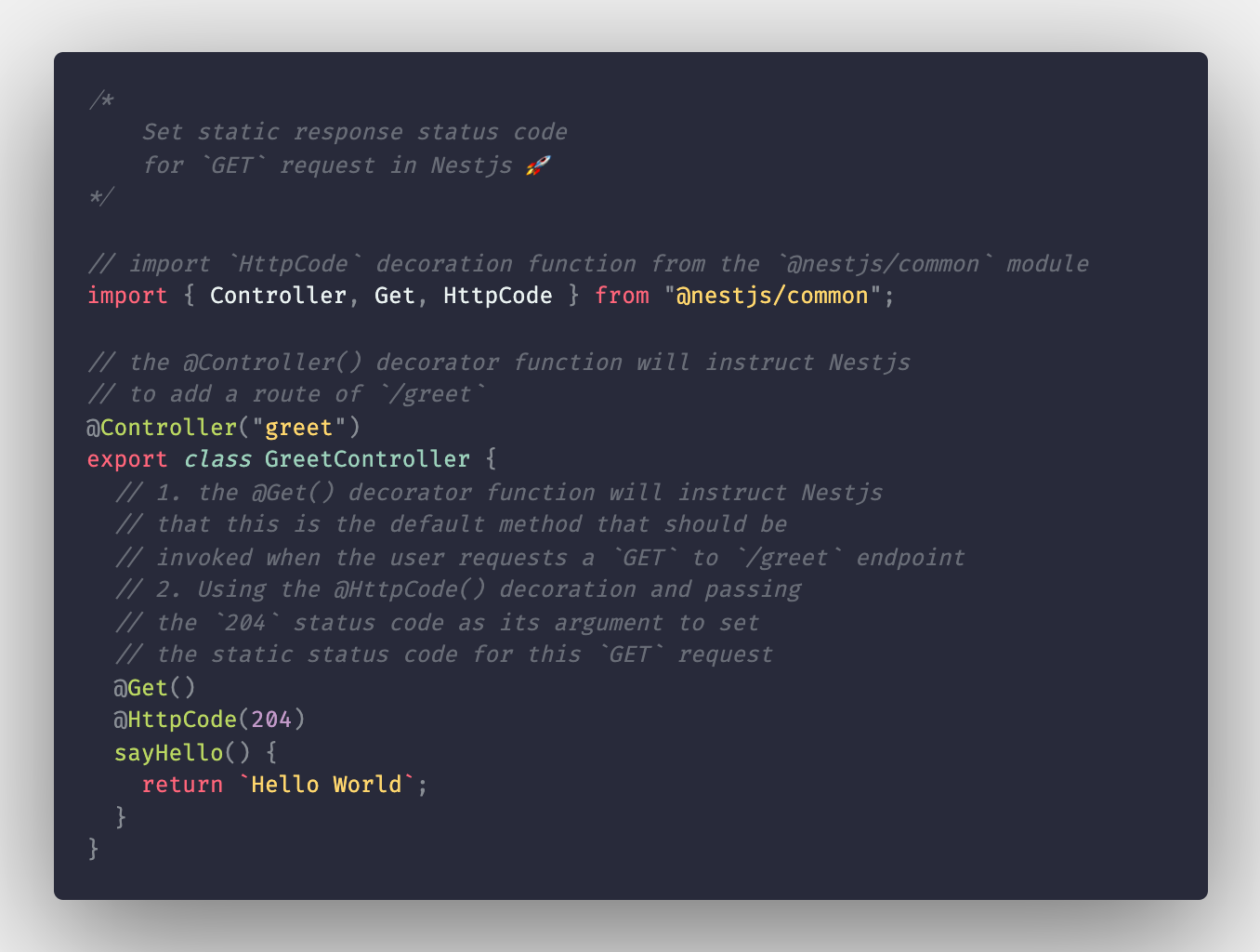 How to set or send a static response status code for a GET request in Nestjs? | MELVIN GEORGE
