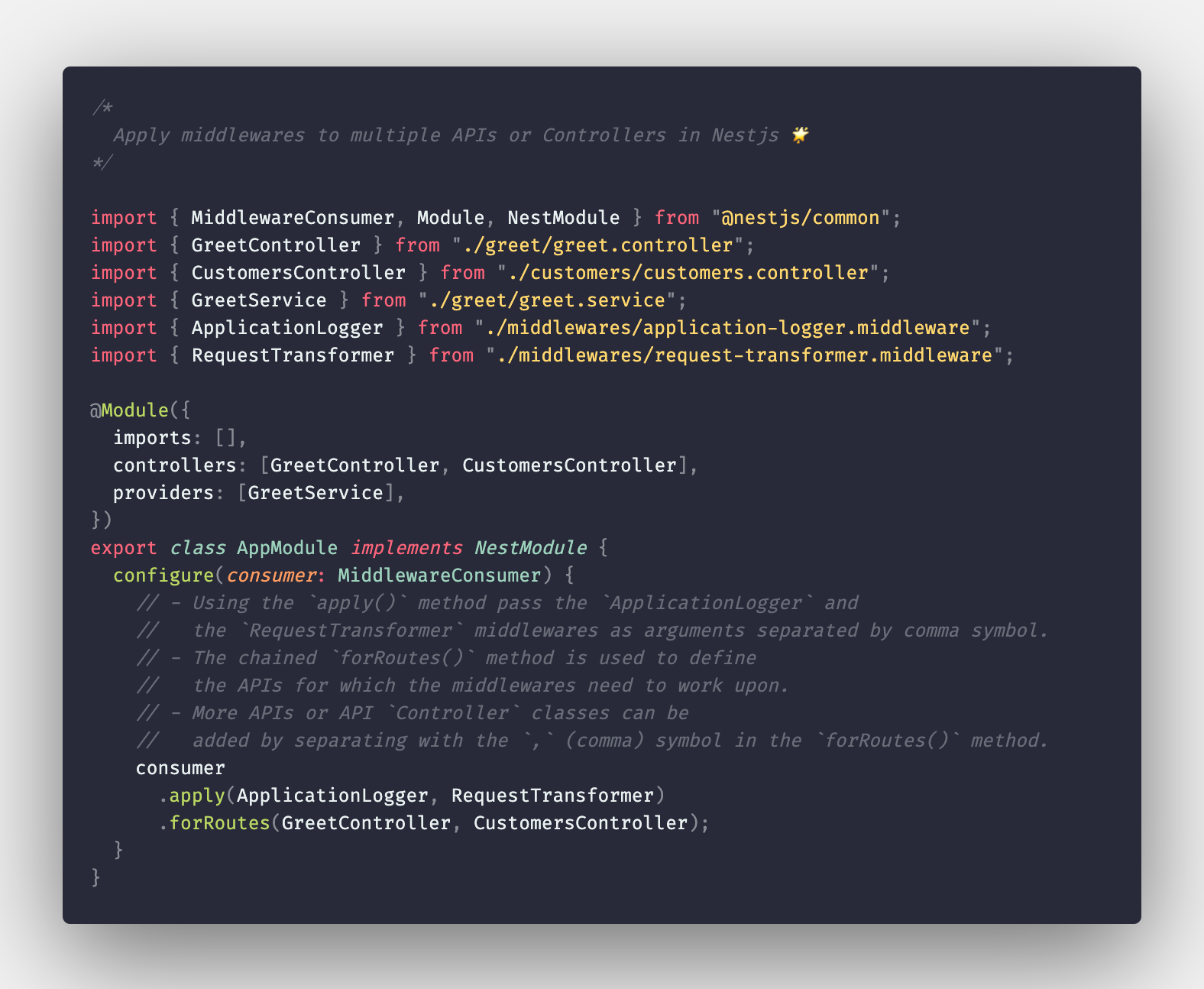 How to apply middleware to multiple APIs or controllers in Nestjs ... How to apply middleware to multiple APIs or controllers in Nestjs ...