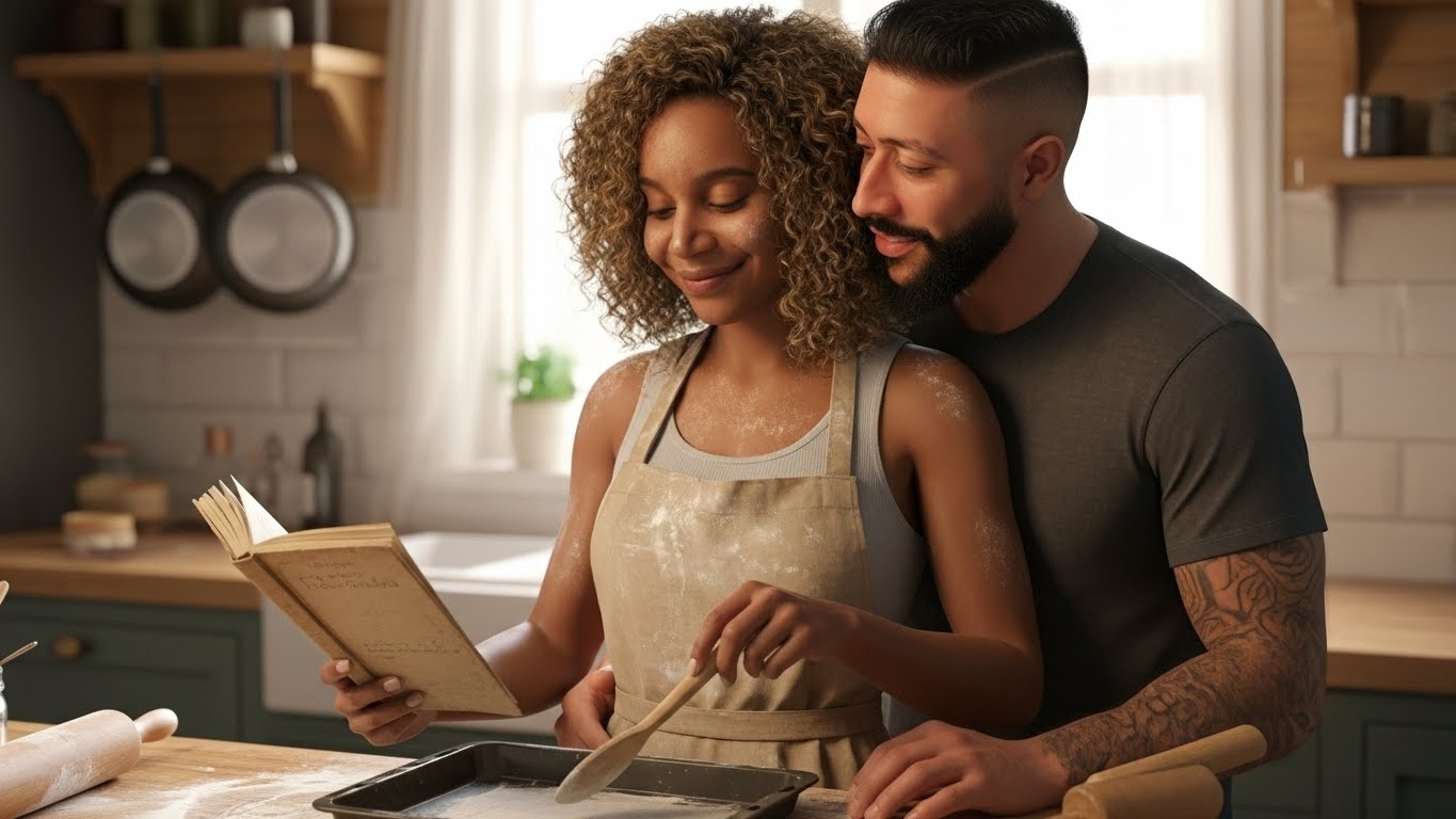 Cozy Romantic Baking Scene in Home Kitchen Template | Meu PromptBox