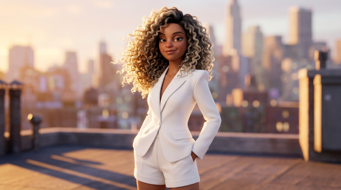 High-Fashion Pixar-Style 3D Character on Rooftop at Golden Hour | Meu ...