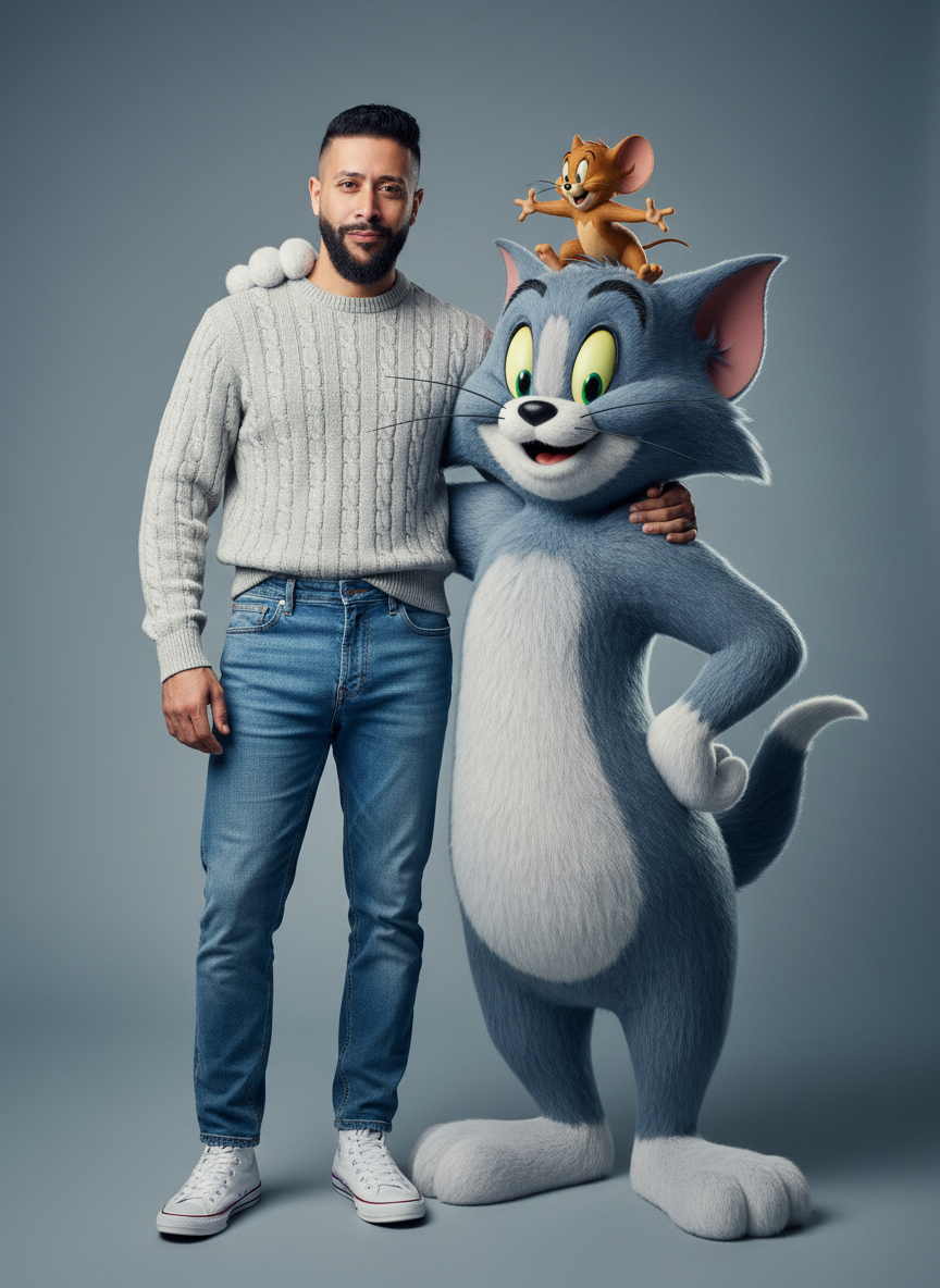 Hyper-Realistic Fashion Portrait with Giant 3D Tom & Jerry | Meu PromptBox