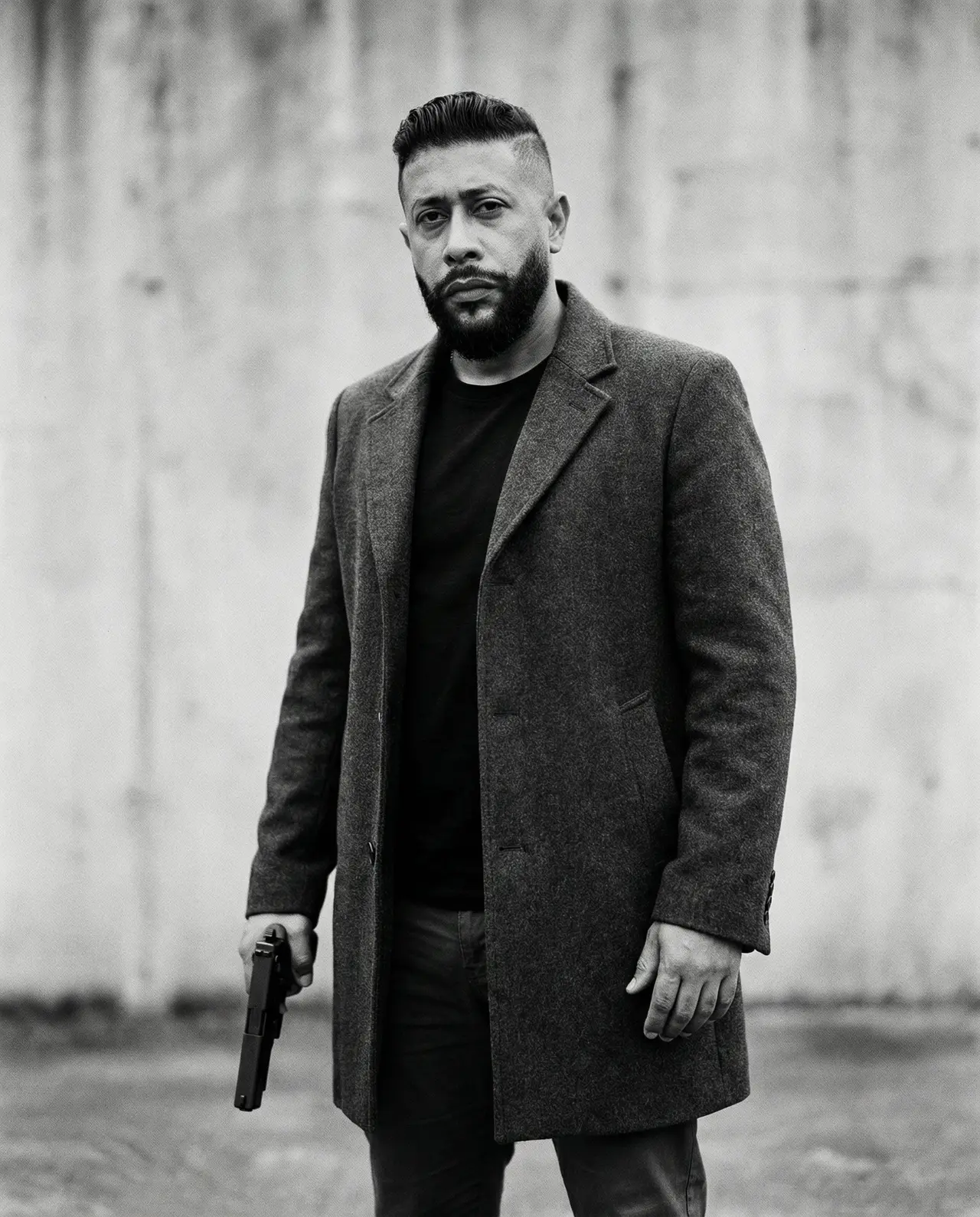 Cinematic Noir Black & White Crime Portrait Template | Meu PromptBox