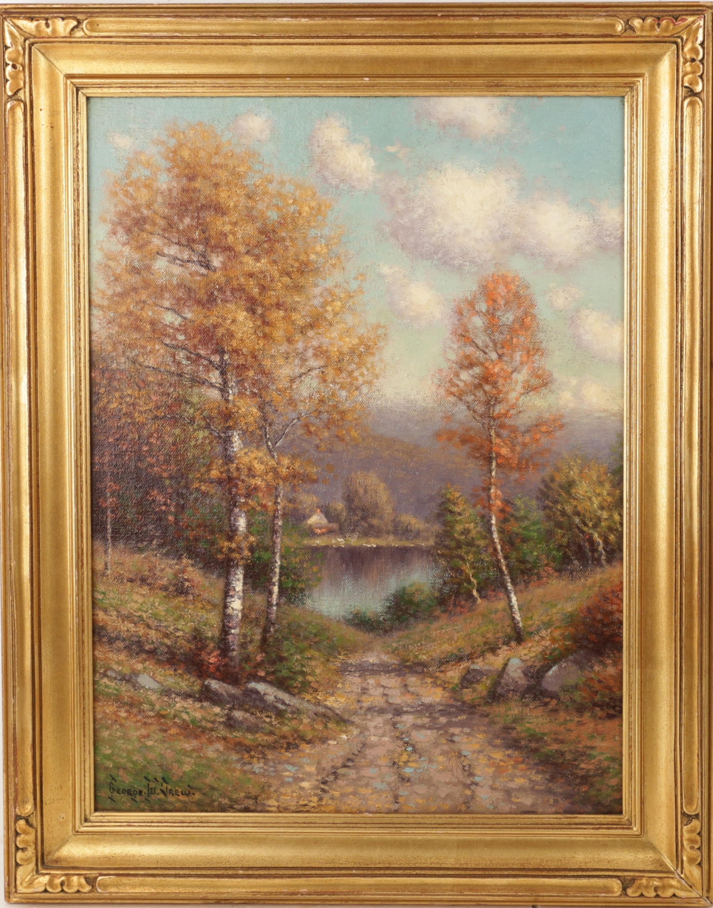 George W. Drew Cabin on a Lake Victorian Painting For Sale