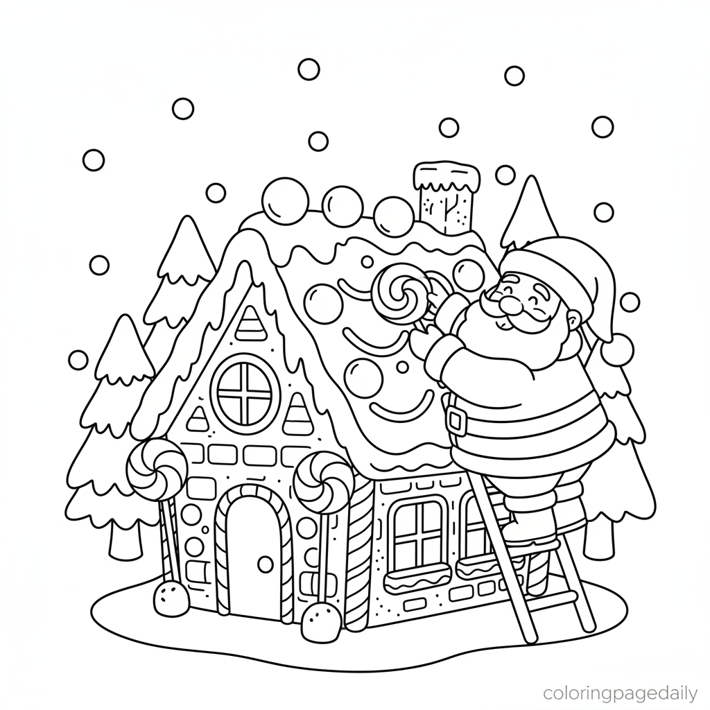 Santa Decorating Gingerbread House - Printable Coloring Page