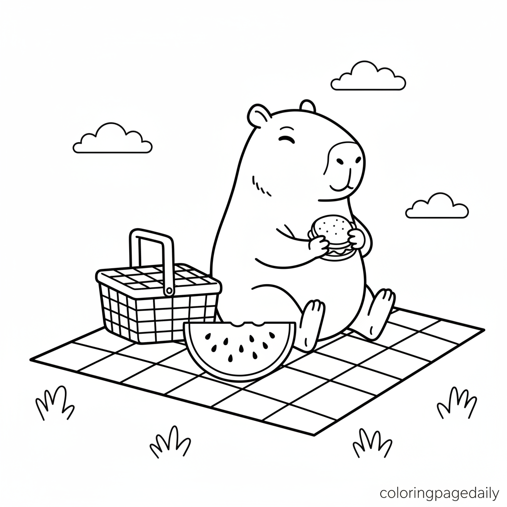 Capybara Picnic Fun - Printable Coloring Page