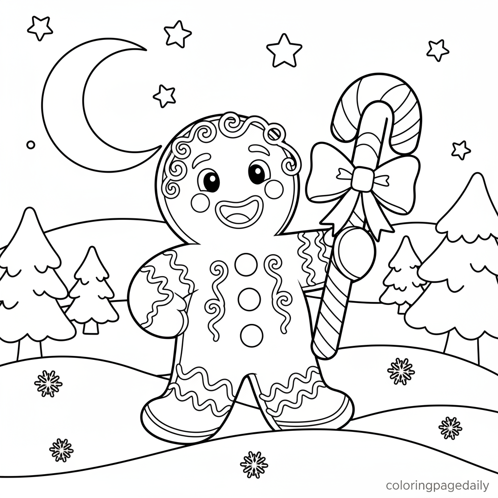 Gingerbread Man With Candy - Printable Coloring Page