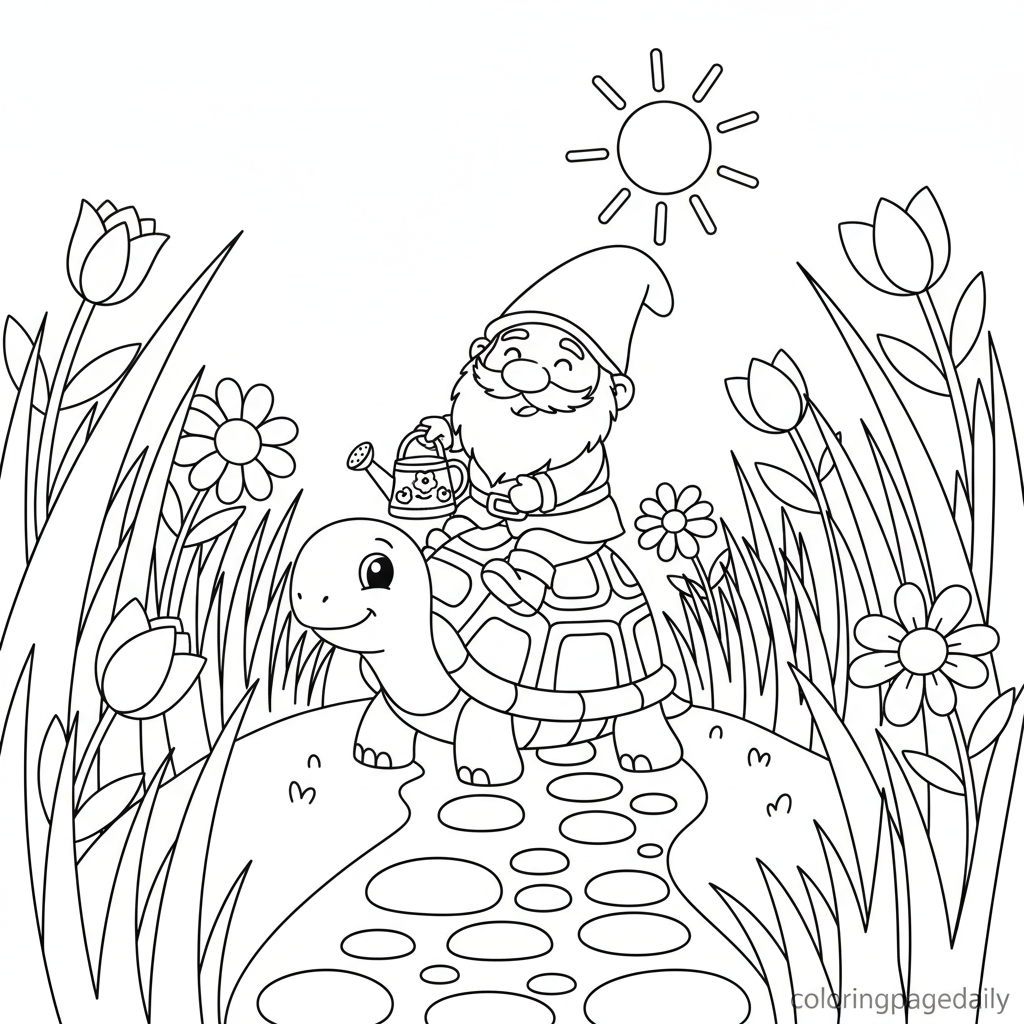 Gnome Riding Turtle - Printable Coloring Page