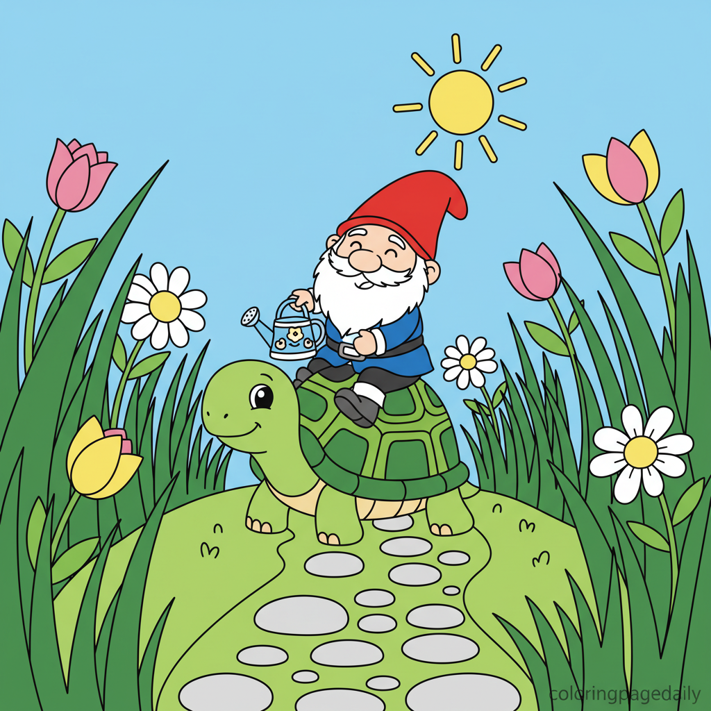 Gnome Riding Turtle - Printable Coloring Page
