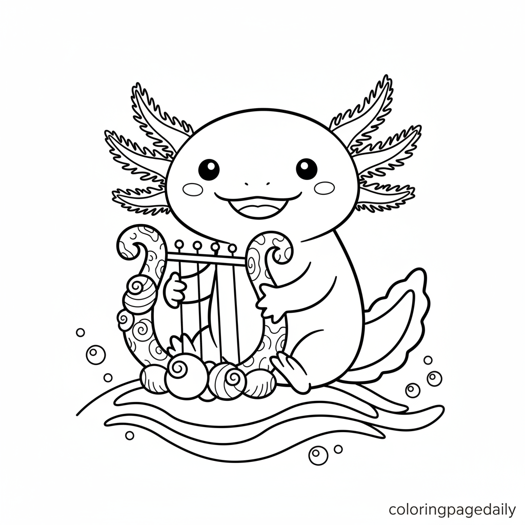 Axolotl Playing Shell Harp - Printable Coloring Page