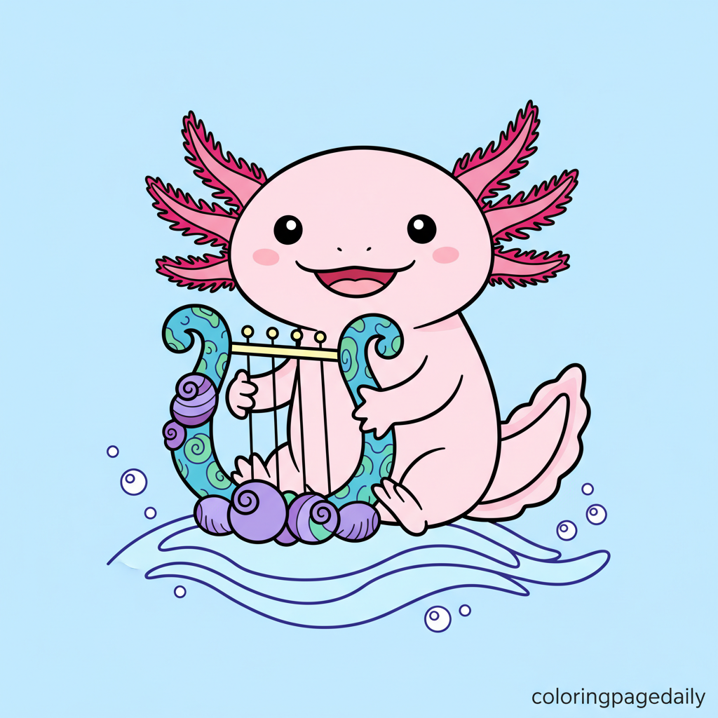 Axolotl Playing Shell Harp - Printable Coloring Page