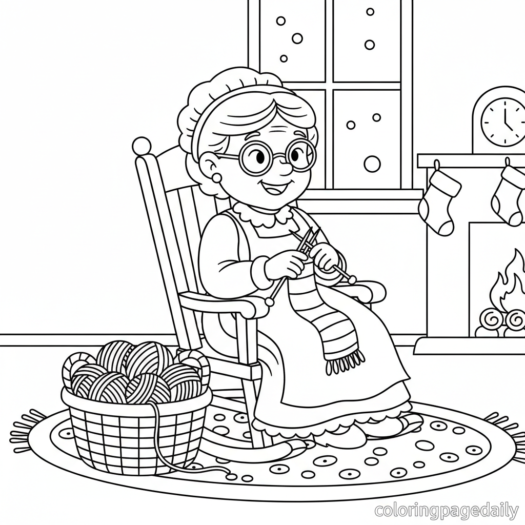 Mrs Claus Knitting - Printable Coloring Page