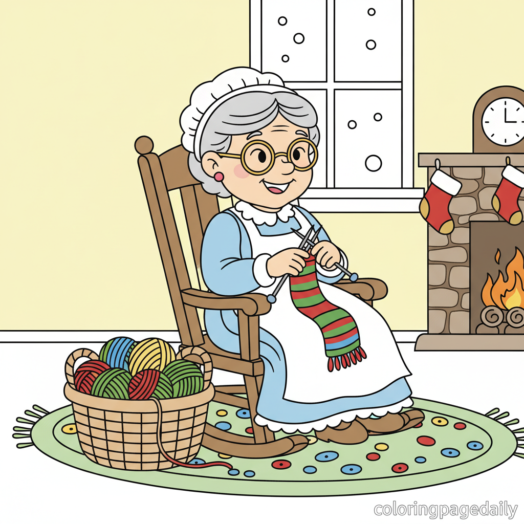 Mrs Claus Knitting - Printable Coloring Page