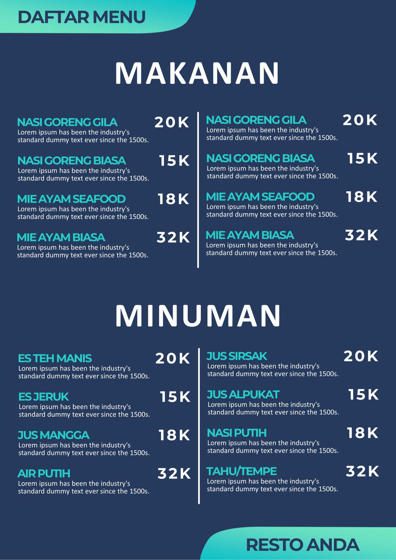 daftar menu makanan | Tristan Smart