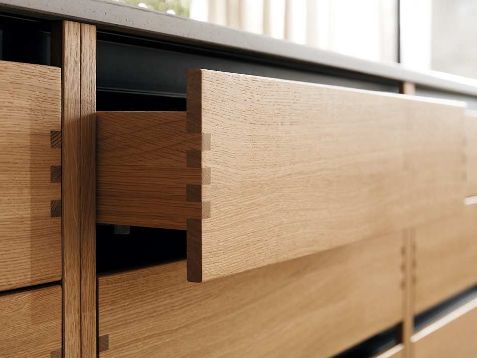 Nordic Creation - Massivt egetræskøkken med fingertappede skuffer | HTH