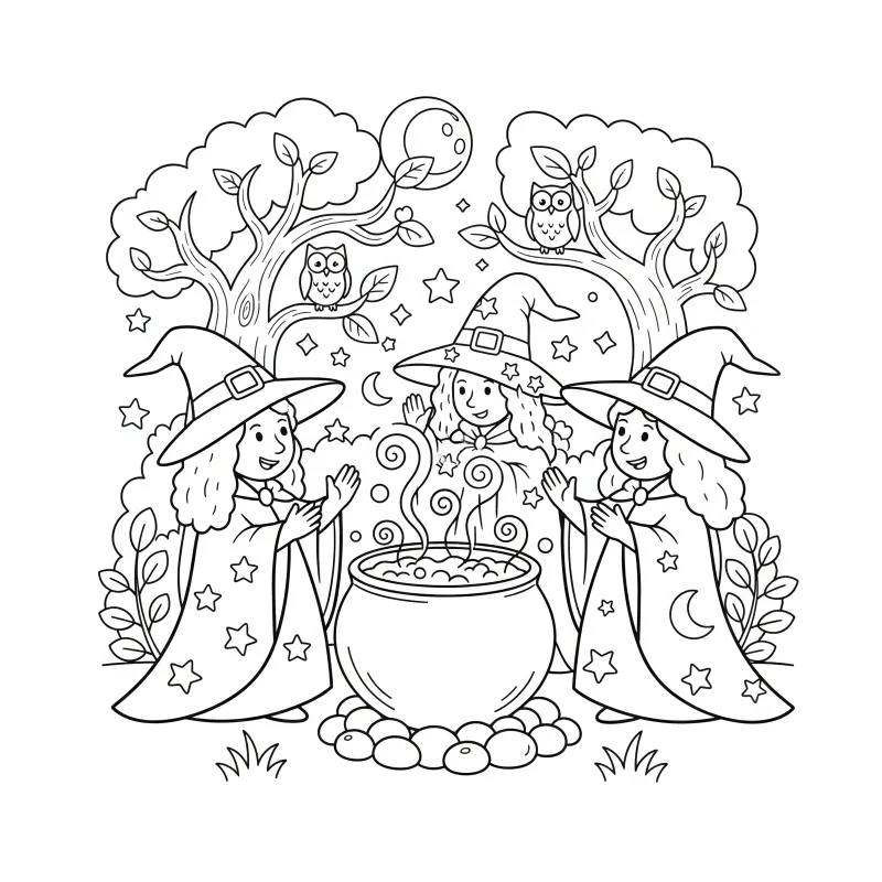 Witches Coven around Cauldron Hard Coloring Page | ZenColoringNook