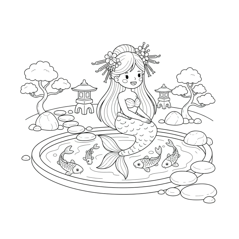 Japanese Koi Pond Mermaid Hard Coloring Page