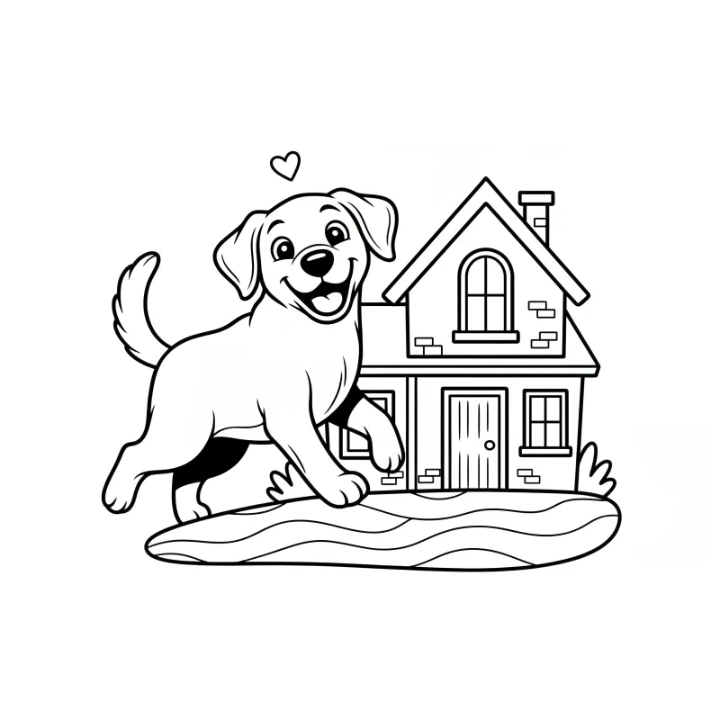 Easy Happy Dog Welcoming Home Coloring Page | ZenColoringNook