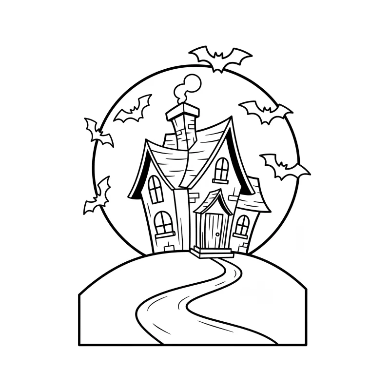Spooky House & Bats Halloween Coloring Page | Free Easy Printable