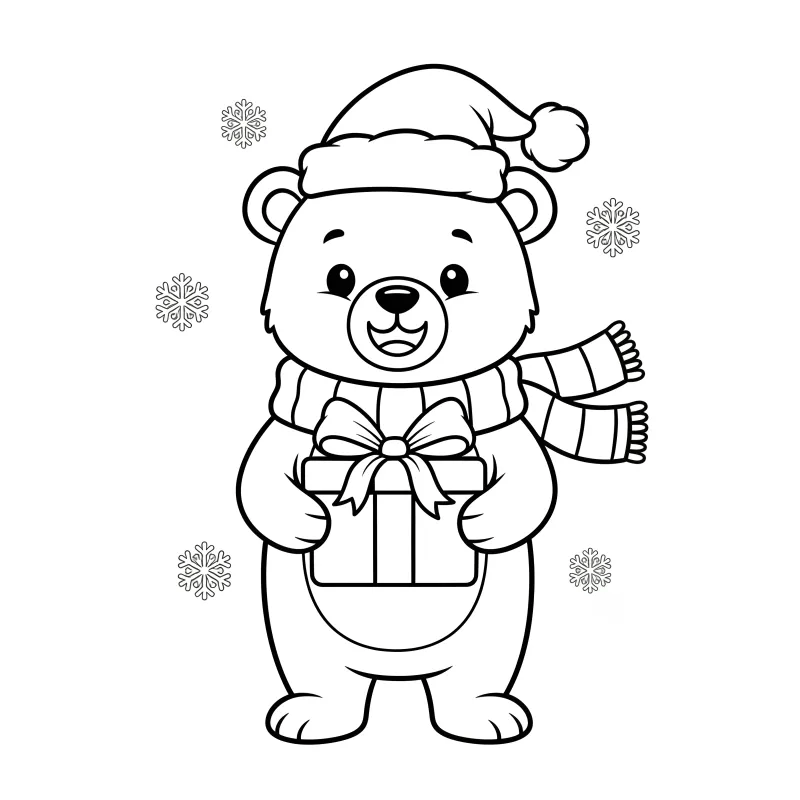 Cute Christmas Bear with Gift Coloring Page | Free Easy Printable