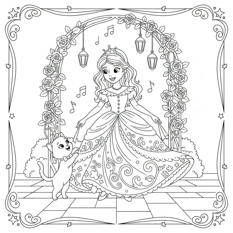Princess Dancing with Cat Coloring Page | Free Cute Printable