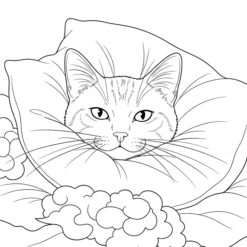 Cozy Cat Hiding in Pillows Coloring Page | Free Zen Printable (Easy)
