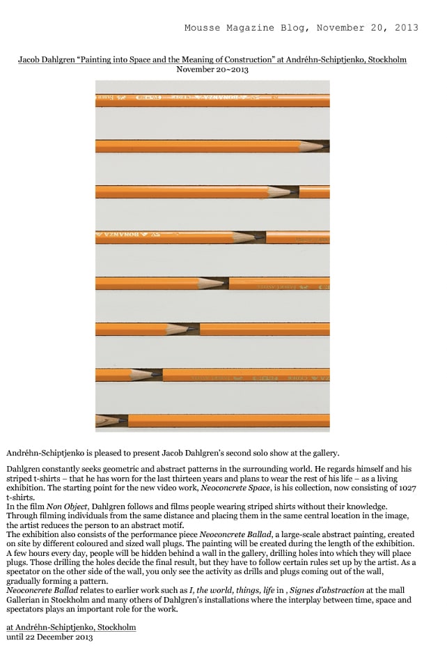 Mousse Magazine article about Jacob Dahlgren. Image on front shows a ...
