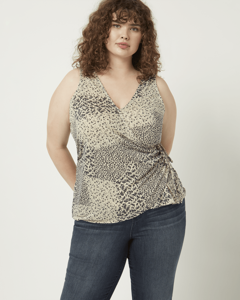 Plus Size Ivory + Black Liberty Faux Wrap Tank Top | Beige / Black