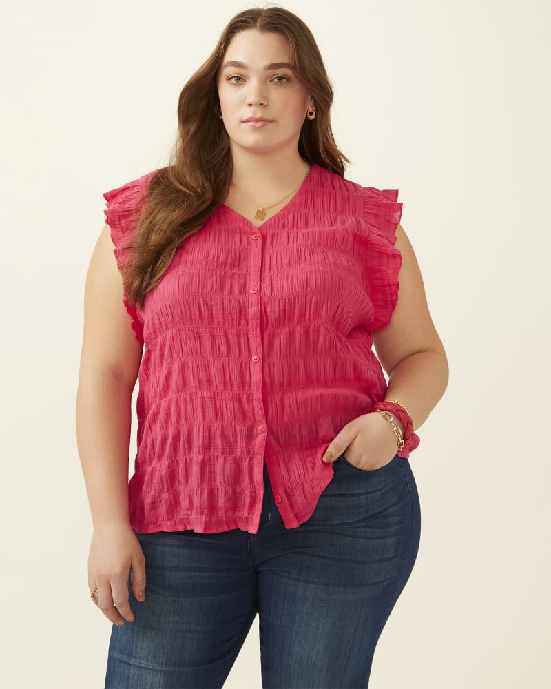 Plus Size White Elia Button Up Frilly Top | Pink