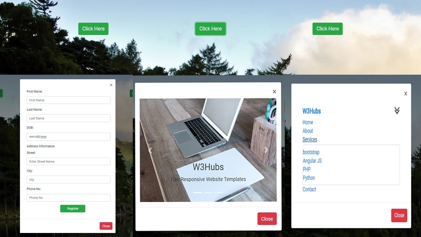 Bootstrap 4 Modals Elements - W3Hubs.com Bootstrap 4 Modals Elements - W3Hubs.com