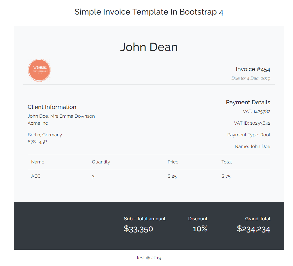 Simple Invoice Template In Bootstrap 4 - W3Hubs.com