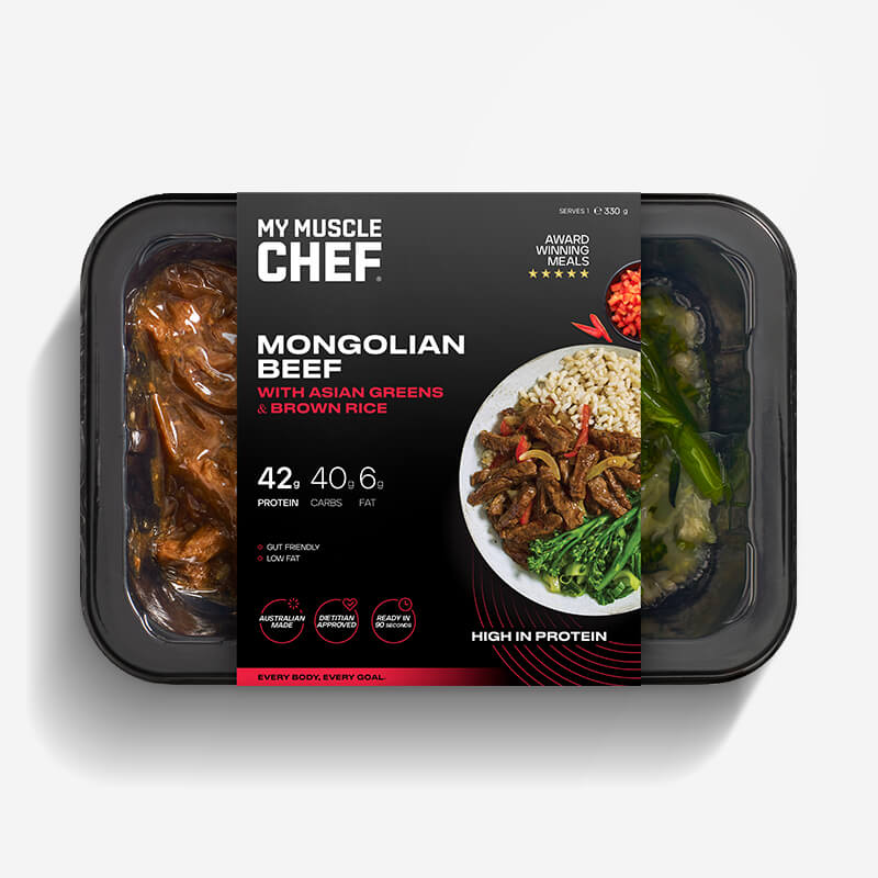 Calories in My Muscle Chef Mongolian Beef with Asian Greens & Brown ...