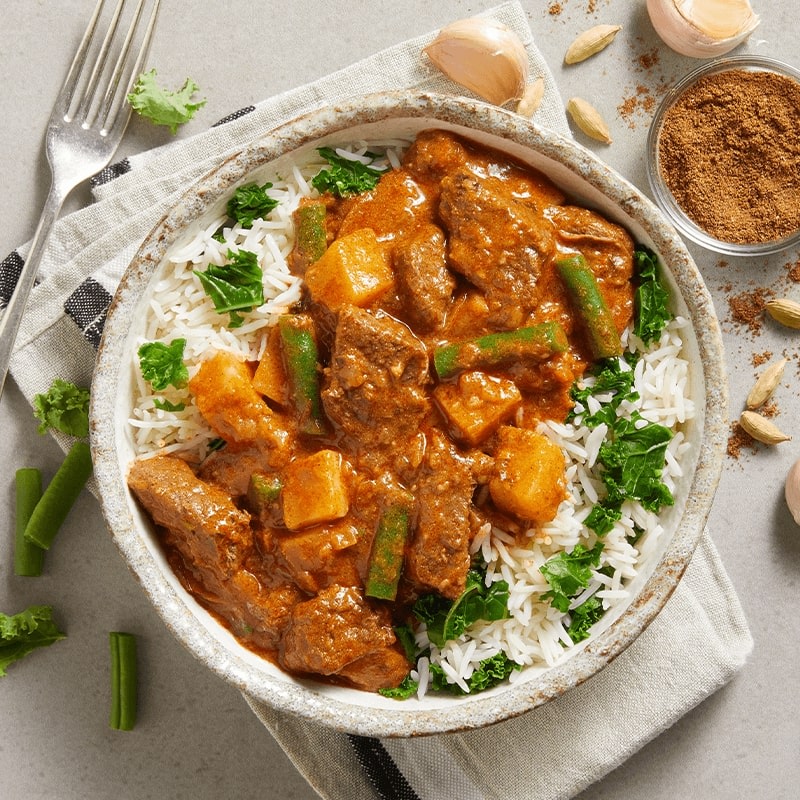 Beef Rogan Josh With Basmati Rice & Vegetables