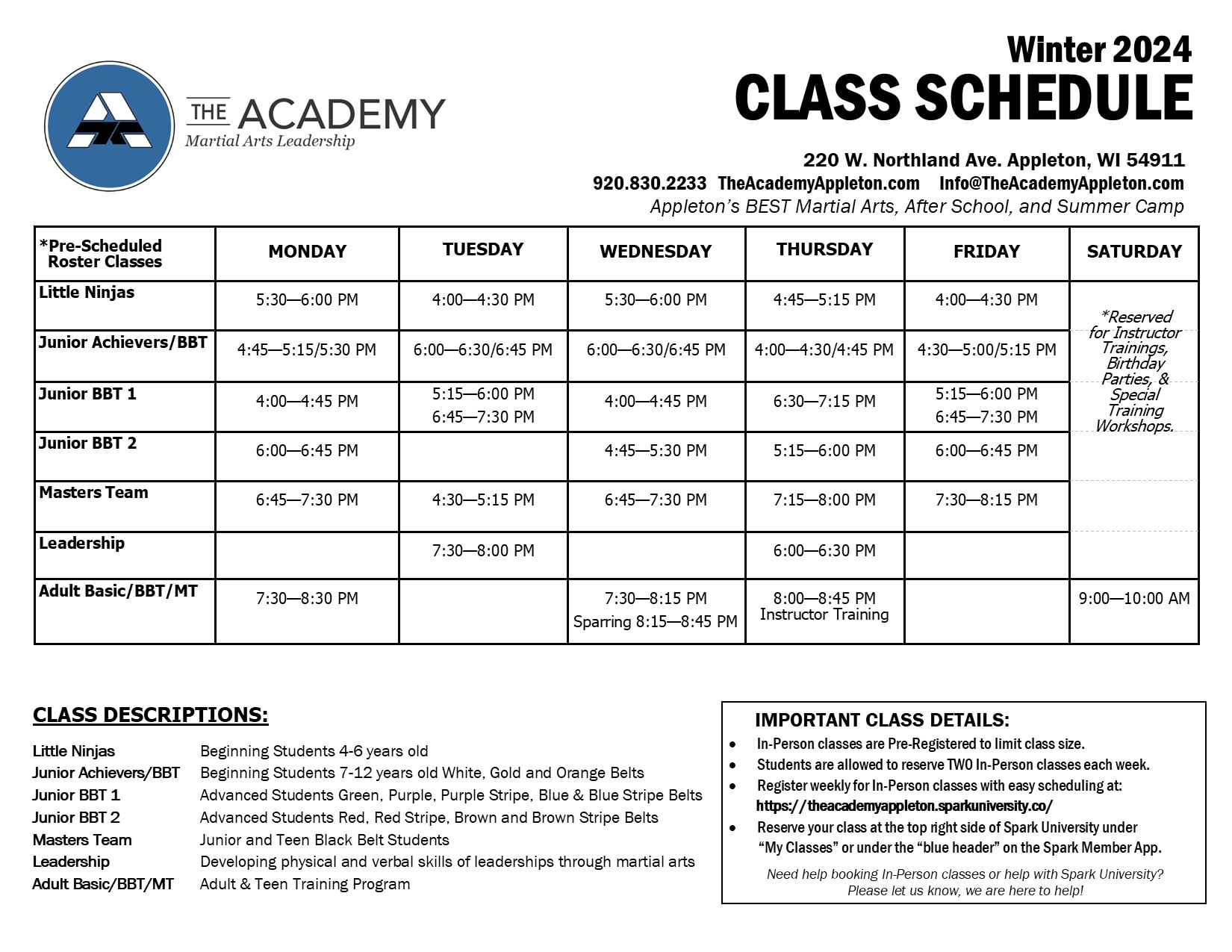 The Academy - Martial Arts Leadership Schedule - Kids Martial Arts in ...