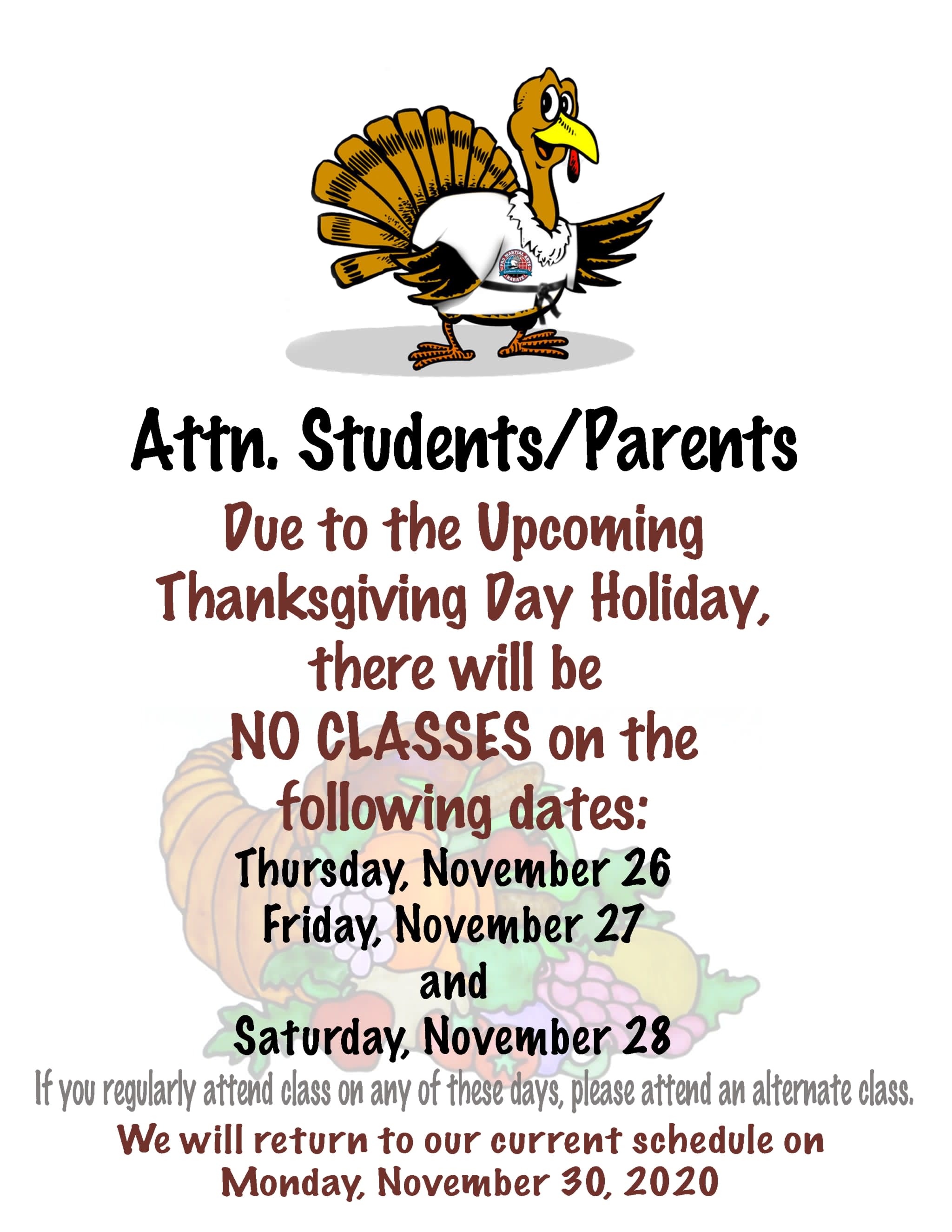 2020 Thanksgiving Closing Schedule