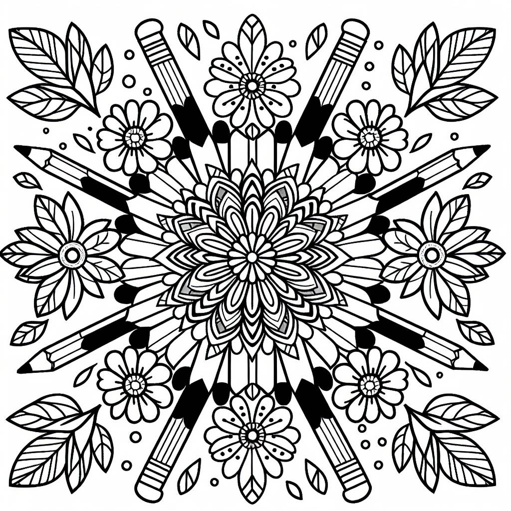 A symmetrical coloring pencil design with flowers and leaves that cover ...