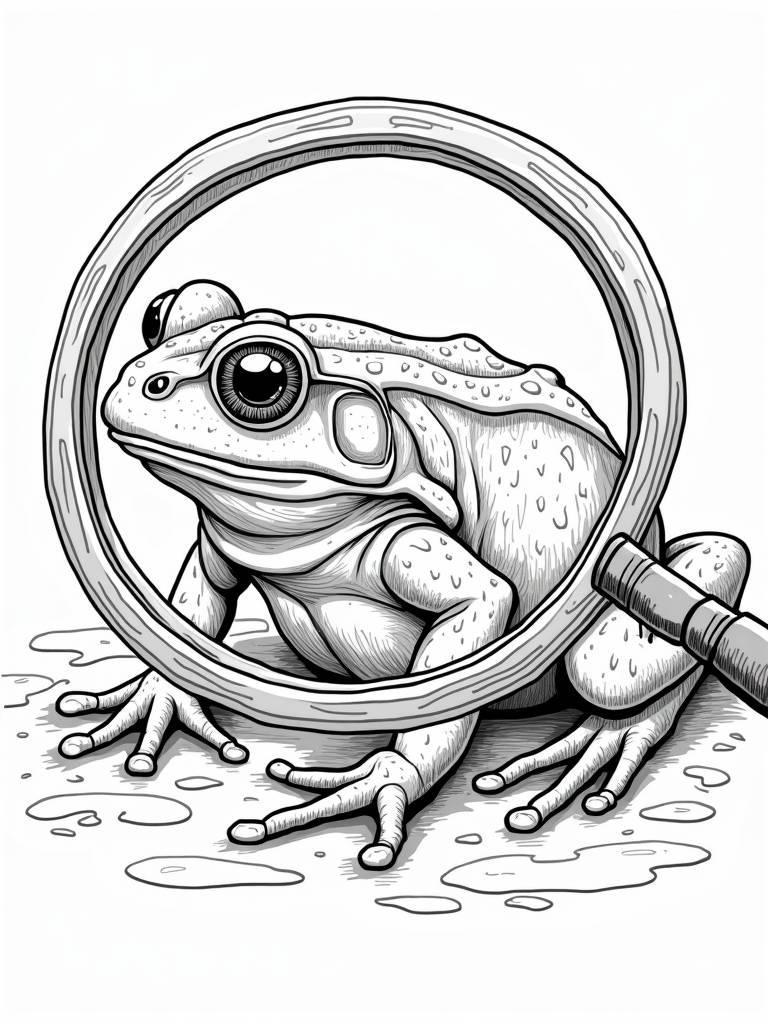 Close up view of a toad with a magnifying glass. Make the toad visible ...
