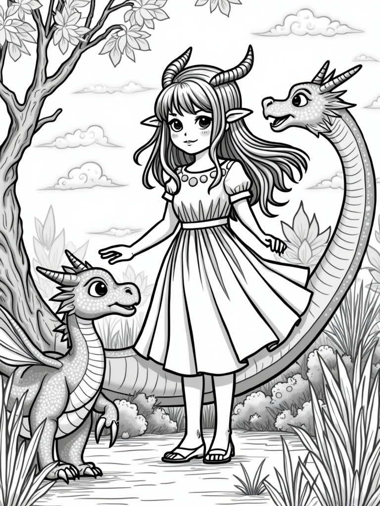 Girl playing with dragons / Coloring Page / Learning Corner