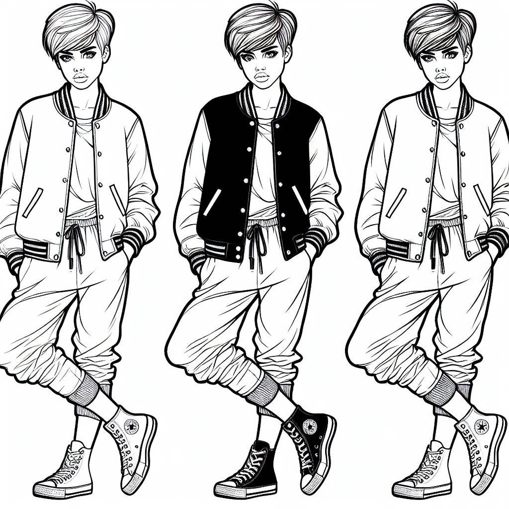 Girl with pixie cut wearing converse trainers, joggers and varsity ...