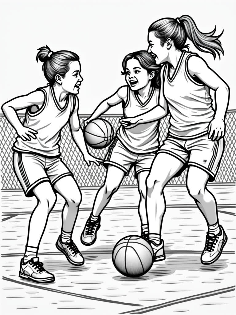 Girls playing basketball / Coloring Page / Learning Corner