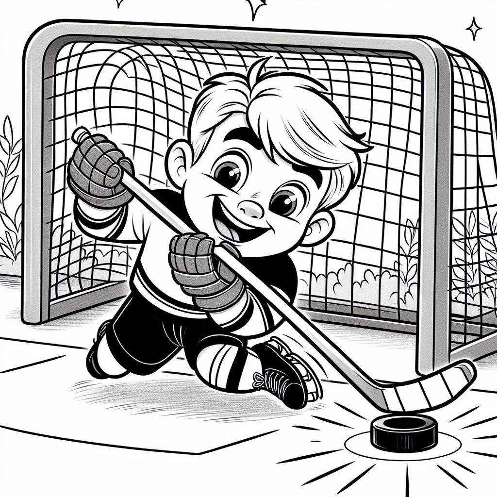 Hockey player boy net score / Coloring Page / Learning Corner