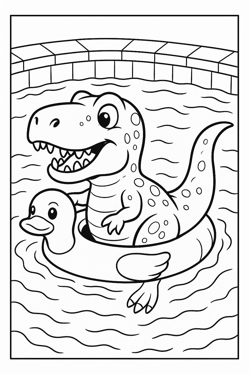T Rex swimming in a pool floatie / Coloring Page / Learning Corner