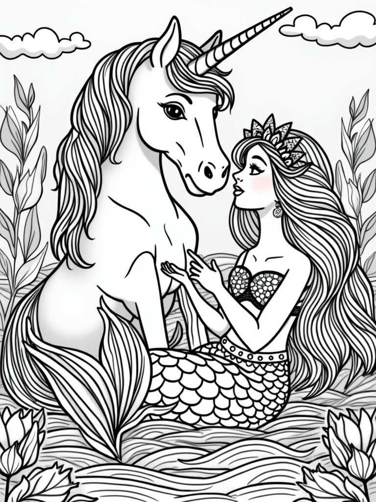 a unicorn and a mermaid coloring together / Coloring Page / Learning Corner