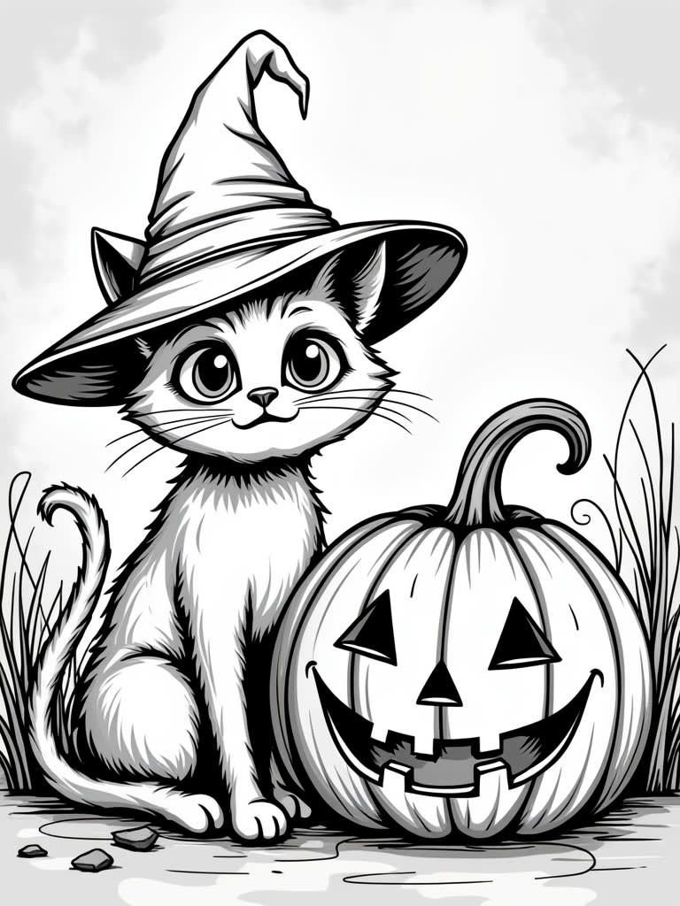 black cat with a witches hat on next to a jack o lantern / Coloring ...