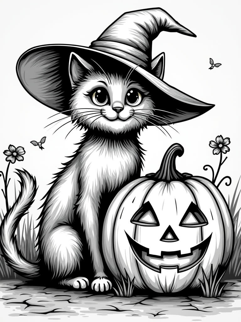 black cat with a witches hat on next to a jack o lantern / Coloring ...