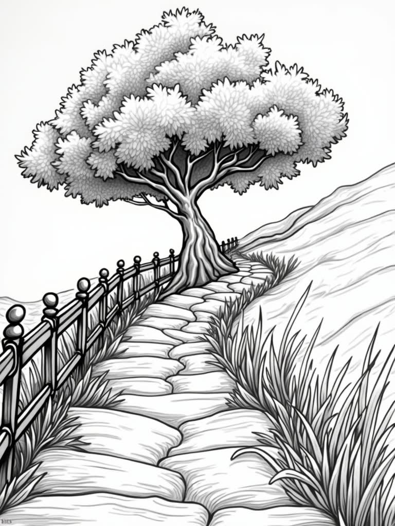 draw a straight path, with an iron hand rail along side it, leading to ...